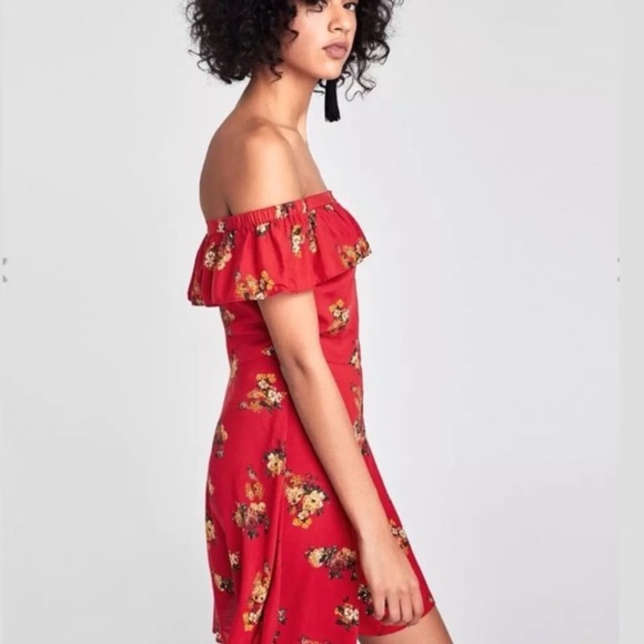 Zara | Dresses | Zara Red Floral Ruffle Off Shoulder Dress | Poshmark